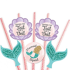 Trading The Tail for A Veil - Paper Straw Decor - Mermaid Bachelorette Party or Bridal Shower Striped Decorative Straws - Set of 24