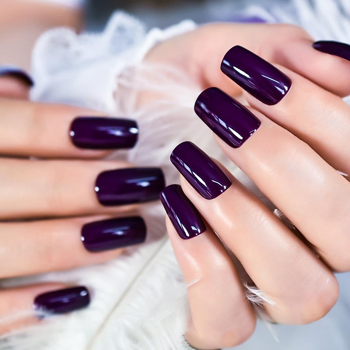 Coolnail Dark Purple Press On False Nails Medium Length Square Reusable Acrylic Deep Violet Solid Color Nail Art Tips Fake Fingernails for Women & Girl