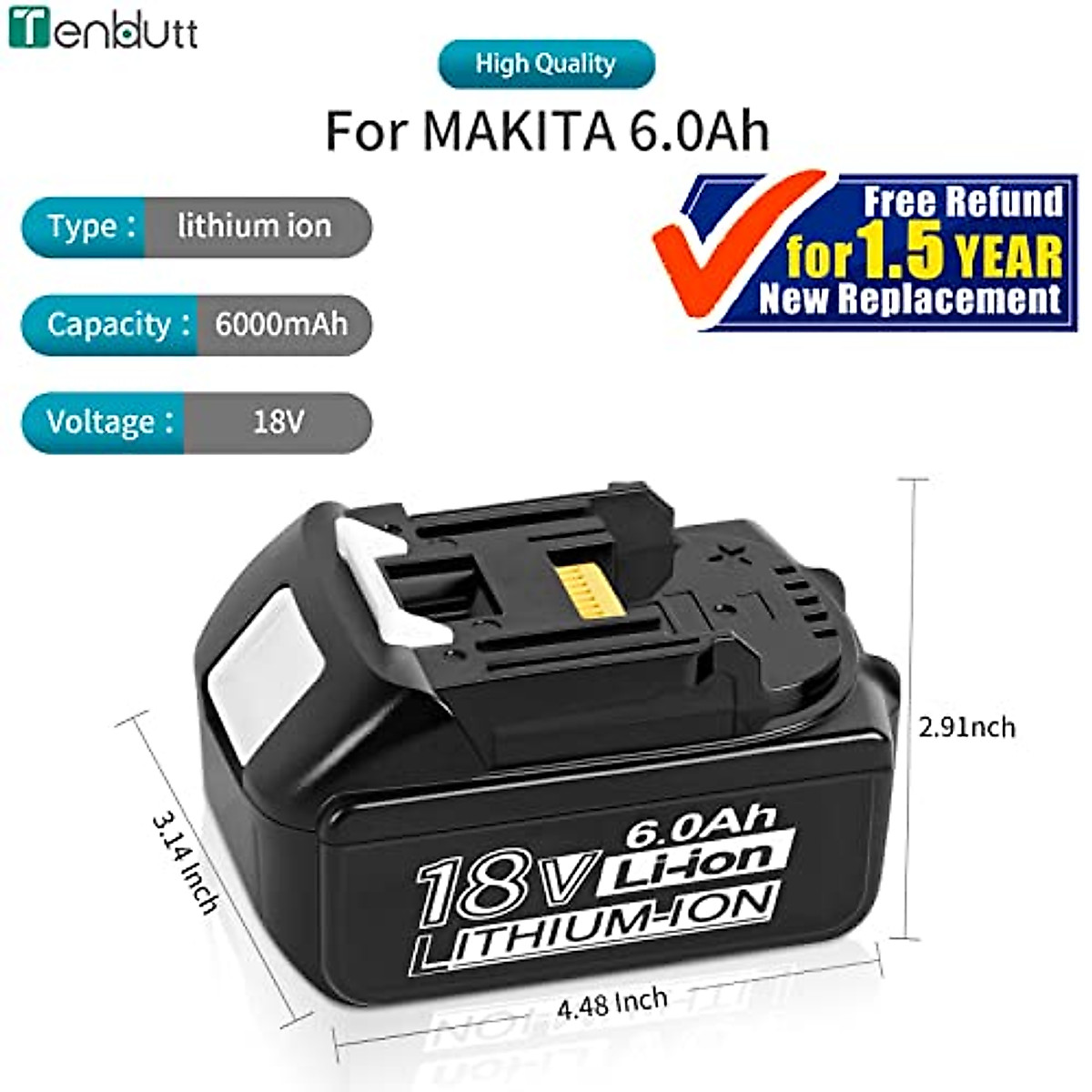 【Increase Current Protection!】 TenHutt 2Pack 6.0Ah 18V Lithium-Ion Replacement Battery for Makita 18V LXT Battery Compatible with BL1830 BL1840 BL1850 BL1860 BL1815 BL1860B Cordless Power Tools