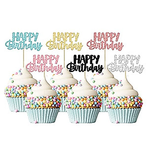 Gyufise 24Pcs Happy Birthday Cupcake Toppers Glitter Birthday Cupcake Food Picks for Celebrating Happy Birthday Party Cake Decorations Supplies Six Colors
