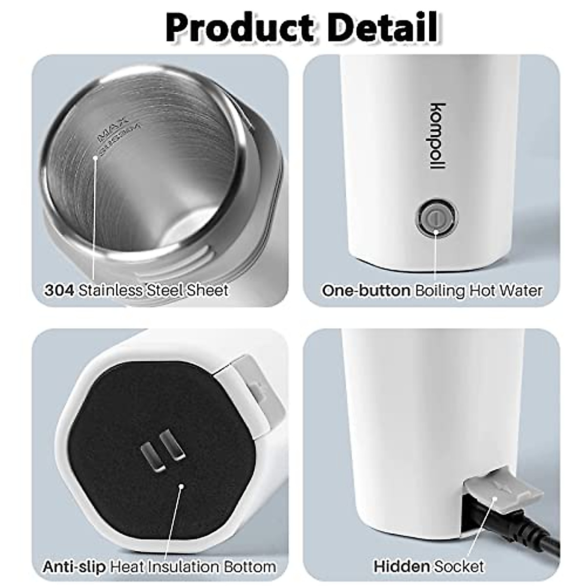 Travel Electric Kettle, Portable Electric Kettle for Boiling Water, Small Travel Tea Kettle Automatic Shut off, One Cup Hot Water Maker, 350ml-White