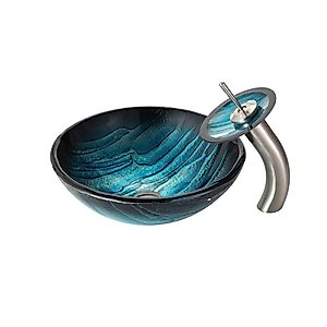 AUS Nature Series™ Blue Glass Bathroom Vessel Sink and Waterfall Faucet Combo Set with Matching Disk and Pop-Up Drain, Satin Nickel Finish