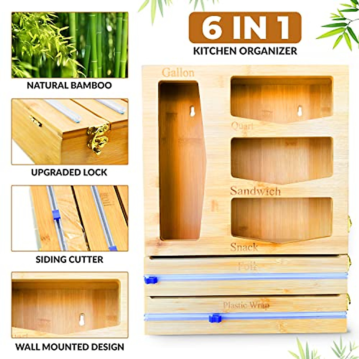 MADDIS -Ziplock Bag Storage Organizer, 6 In 1 Foil and Plastic Wrap Organizer with cutter, Ziplock Bag Storage Organizer for Kitchen Drawer or wall,Foil Organizer compatible with 12 inch size rolls.