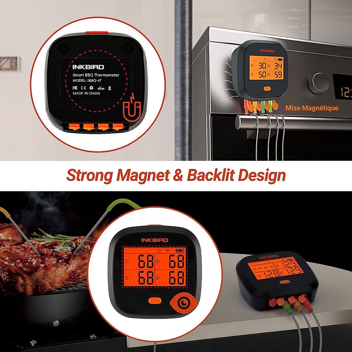 Inkbird WiFi Grill Thermometer, Wireless BBQ Thermometer for Grilling Roasting Cooking Smart Digital Remote Meat Thermometer with Graph Alarm Timer 4 Probes Rechargeable