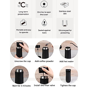 Portable French Press Travel Coffee Maker, Double Walled Stainless Steel Vacuum Insulated Coffee Maker and Tea Maker,12 Ounce, Mini Vacuum Mug Filter Coffee Cup for Travel (Black)