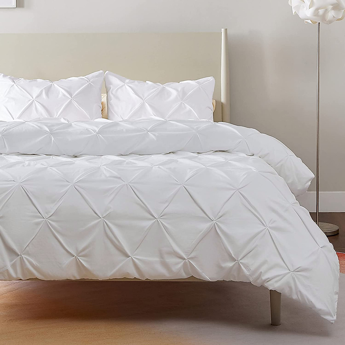 Precious Star Linen Decorative Pinch Pleated Pintuck Duvet Cover Set Super King 108x98 Inch with Zipper & Corner Ties, 800-TC 100% Cotton Soft & Cozy 1-Piece Duvet Cover, White