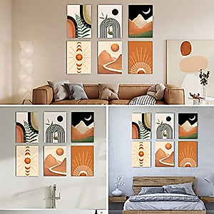 Gisipameis Boho Wall Art Set of 6, Mid Century Modern Decor 8" x 10" Unframed, Sun Moon Palm Leaf Black Beige Neutral Abstract Geometric Boho Wall Decor Canvas Prints for Bedroom Living Room Bathroom (Orange)