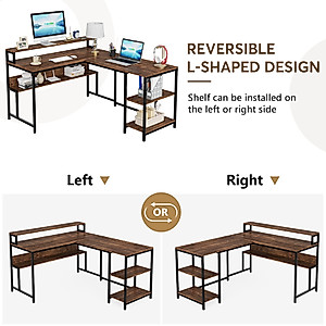 Tribesigns Reversible L Shaped Desk, L Shape Computer Table with Monitor Stand and Storage Shelves, Industrial Corner Desk with Printer Space, Work Desk for Home Office, Small Spaces