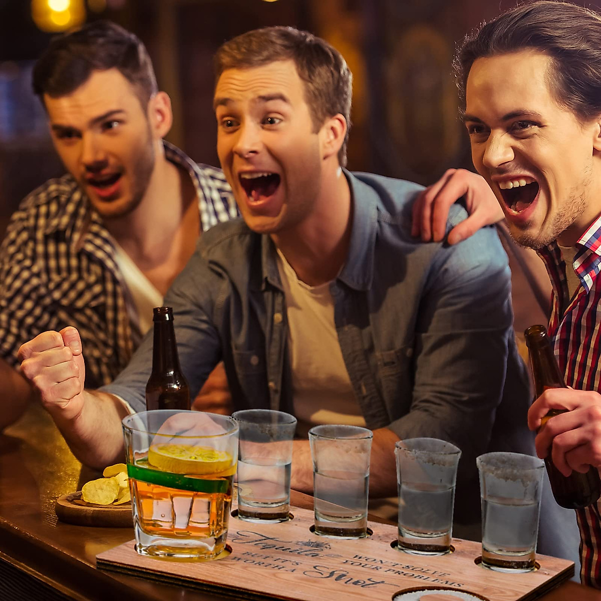 Flight Board Wooden Flight Tray Glass Cup Holder with Salt Rim Glass Cup Serving Tray Bar Serving Trays for Restaurant, Bar, Farmhouse, Party, Family Gathering