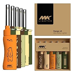 MK Lighter 5pcs. Outdoor Series Candle Lighters, Windproof Torch Flame, Ideal Lighters for Candles, BBQ Grills, Camping Lighters, Outdoor Activities, Refillable Butane, Multipurpose Lighters