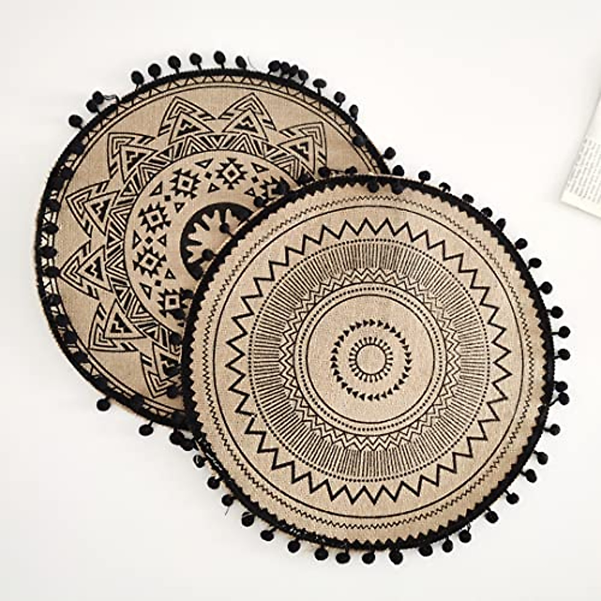 2 Pcs Boho Round Place Mats with Pompom Woven Jute Placemats Rustic Macrame Coasters for Dining Room Kitchen Table Decor Style 6