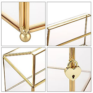 ELLDOO 12.6" Gold Glass Wedding Card Box with Heart Lock, Glass Gift Boxes, House Shape with Feet Clear Terrarium Planter for Wedding Receptions, Centerpiece Decor, Keepsake, Gift Display Box, Large Size