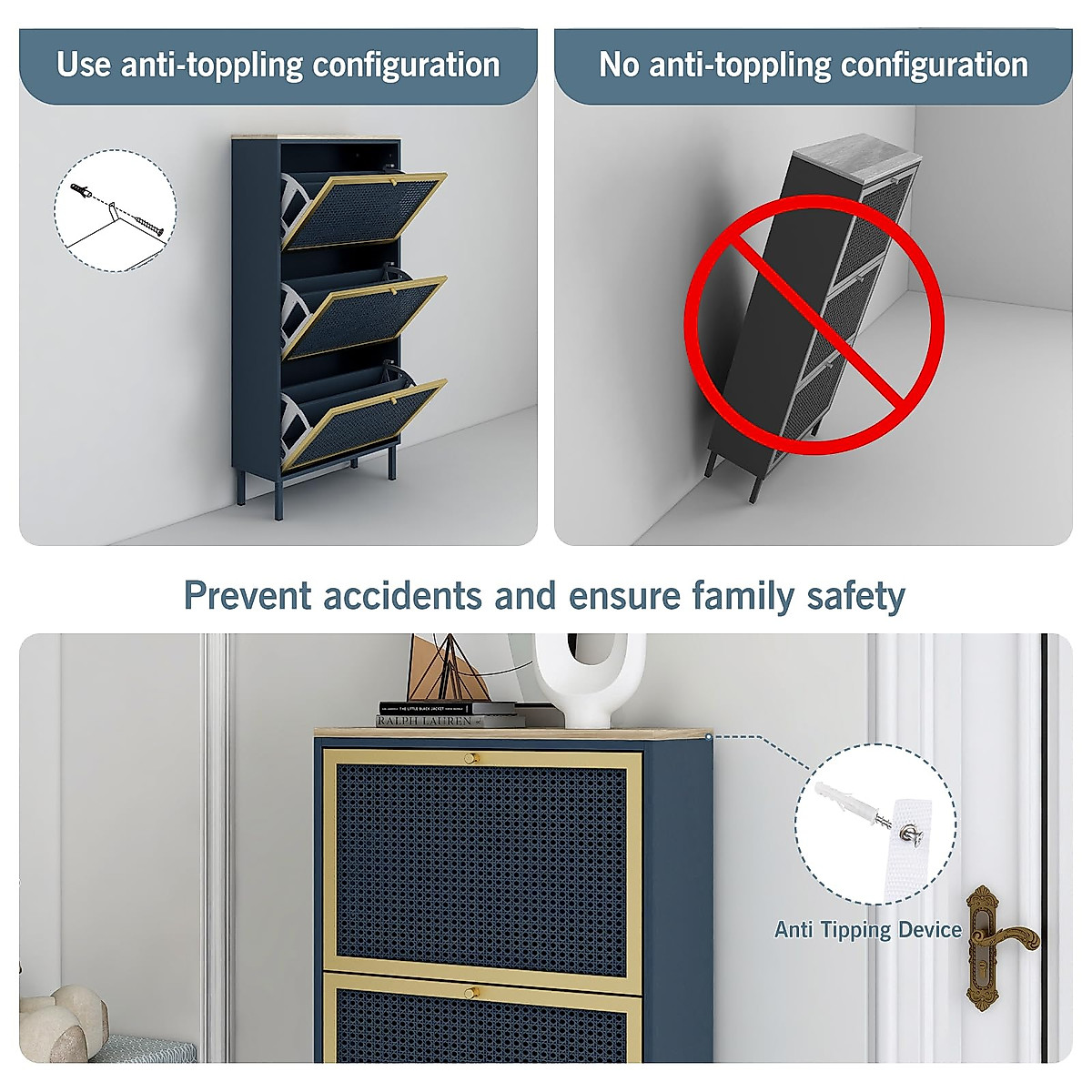 mixtavie Metal Rattan Shoe Cabinet with 3 Flip Drawers, 3-Tier, Free Standing, Hidden Shoe Storage for Entryway and Living Room, Blue (Set of 1)