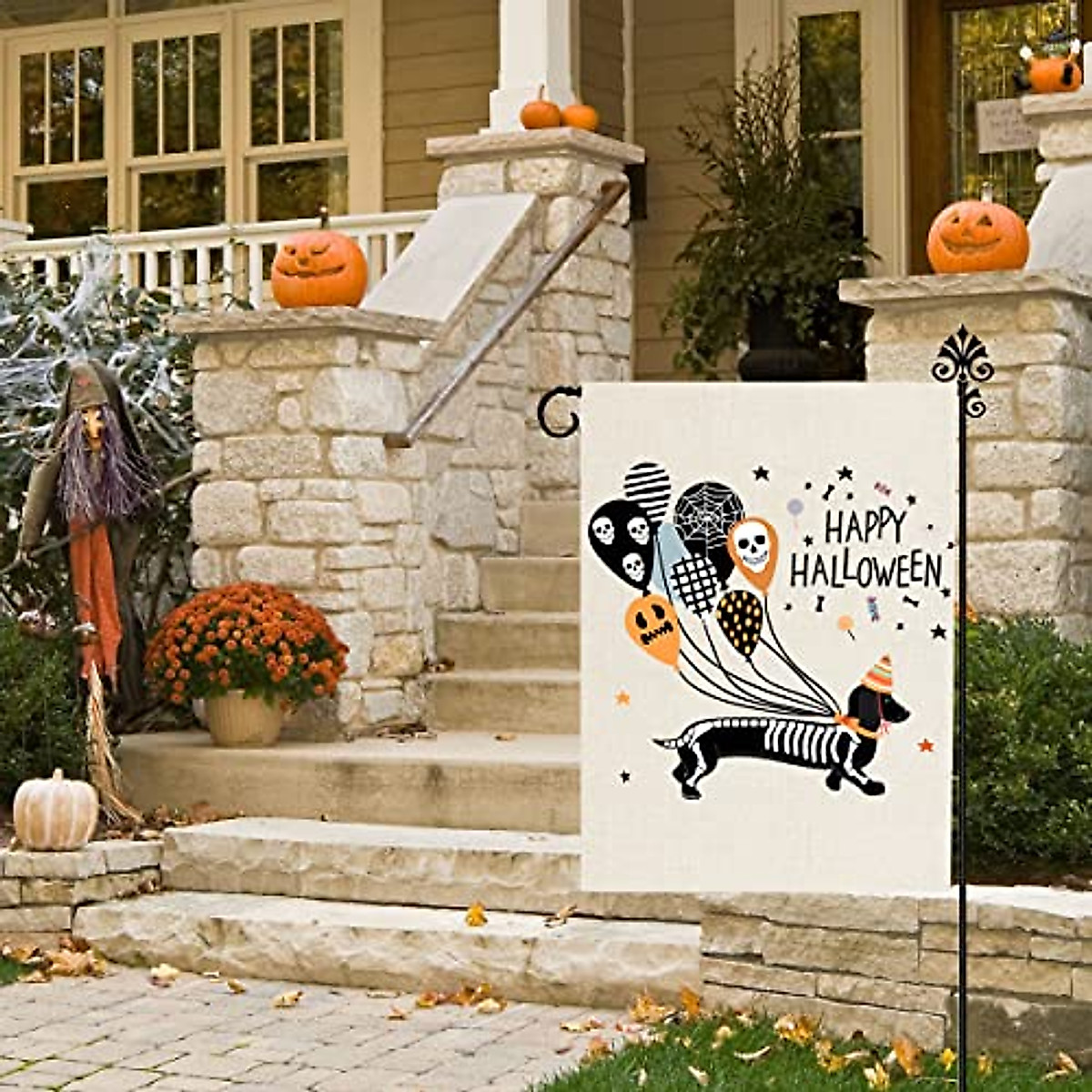 Happy Halloween Skeleton Dachshund Dog Garden Flag Double-Sided Skeleton Dachshund Dog with Skull Spooky Face Balloons Yard Flag for Halloween Holidays Outdoor Yard Decorations 12x18 inch (halloween Skeleton dachshund dog)