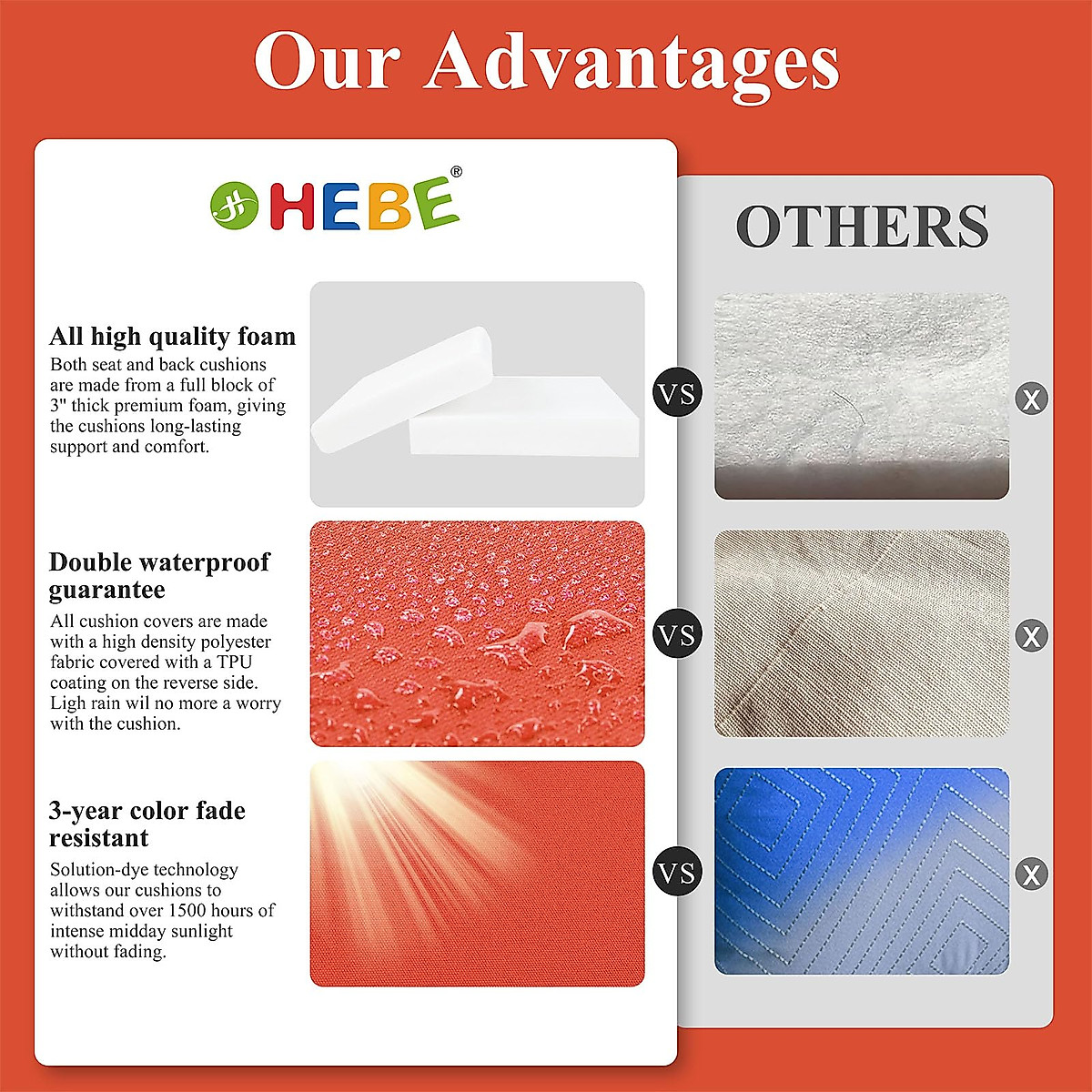 HEBE Outdoor Deep Seat Patio Cushion Set of 2 Waterproof Chair Cushions for Patio Furniture Removable Seat Bottom & Back Cushion Covers with Ties Handles for Chair, Sofa, Couch