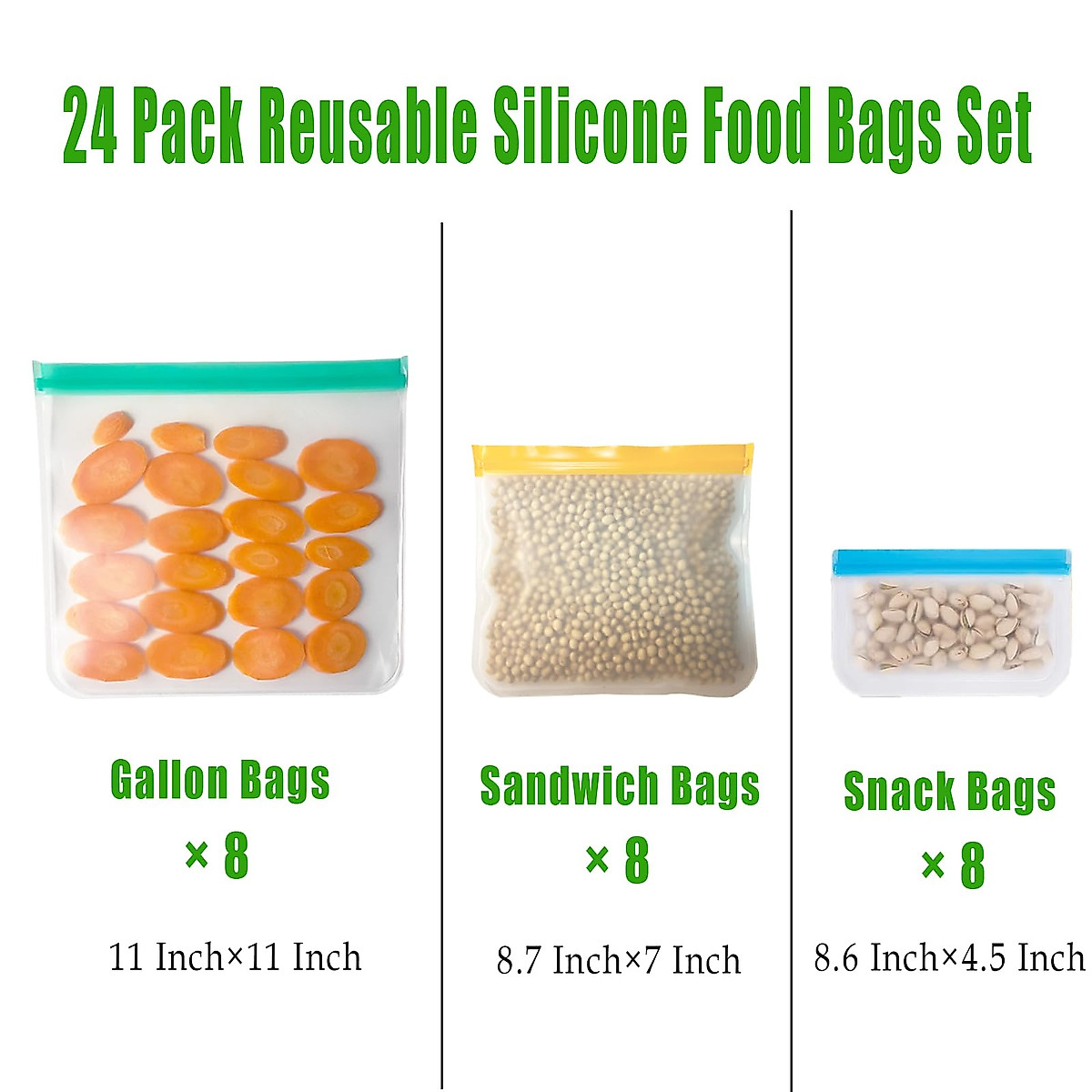 24Pcs Reusable Freezer Bags Food Storage Bags WLRGOOD Flat Silicone Bags Leakproof BPA Free Freezer Gallon/Lunch/Sandwich/Snack Reusable Storage Bags for Meat Fruit Veggies Travel Home Storagation