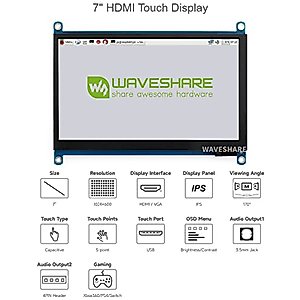 Waveshare 7inch Capacitive Touch Screen LCD Compatible with Raspberry Pi 5/4B/3B+/3A+/2B/B+/A+/Zero/Zero W/WH/Zero 2W CM3+/4 Series Boards 1024×600 Resolution HDMI IPS Supports Windows