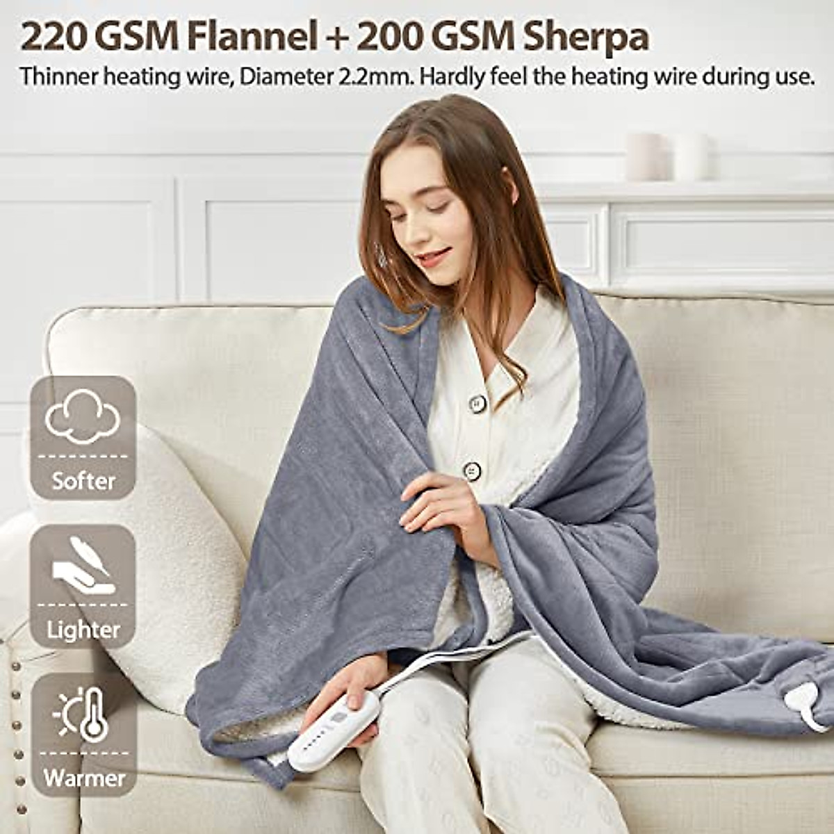 HomeMate Heated Blanket Electric Throw - 50"x60" Heating Blanket Throw 4 Hours Auto-Off 5 Heat Levels Heat Blanket Over-Heat Protection Flannel Sherpa Heater Blanket Electric ETL Certification