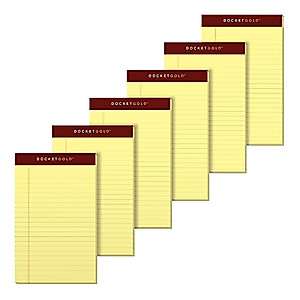 Tops™ Docket Gold™ Premium Writing Pads, 5" x 8", Jr. Legal Rule, Canary, 50 Sheets Per Pad, Pack Of 6 Pads