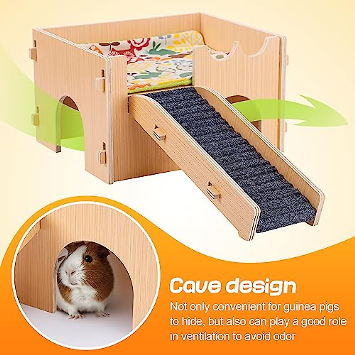 Guinea Pig Castle, Wooden Guinea Pig Hideout with Cave Stairs & Mat, Small Animal House Bed Hut Habitats for Hamsters Bunny Chinchillas Playing Sleeping Hiding
