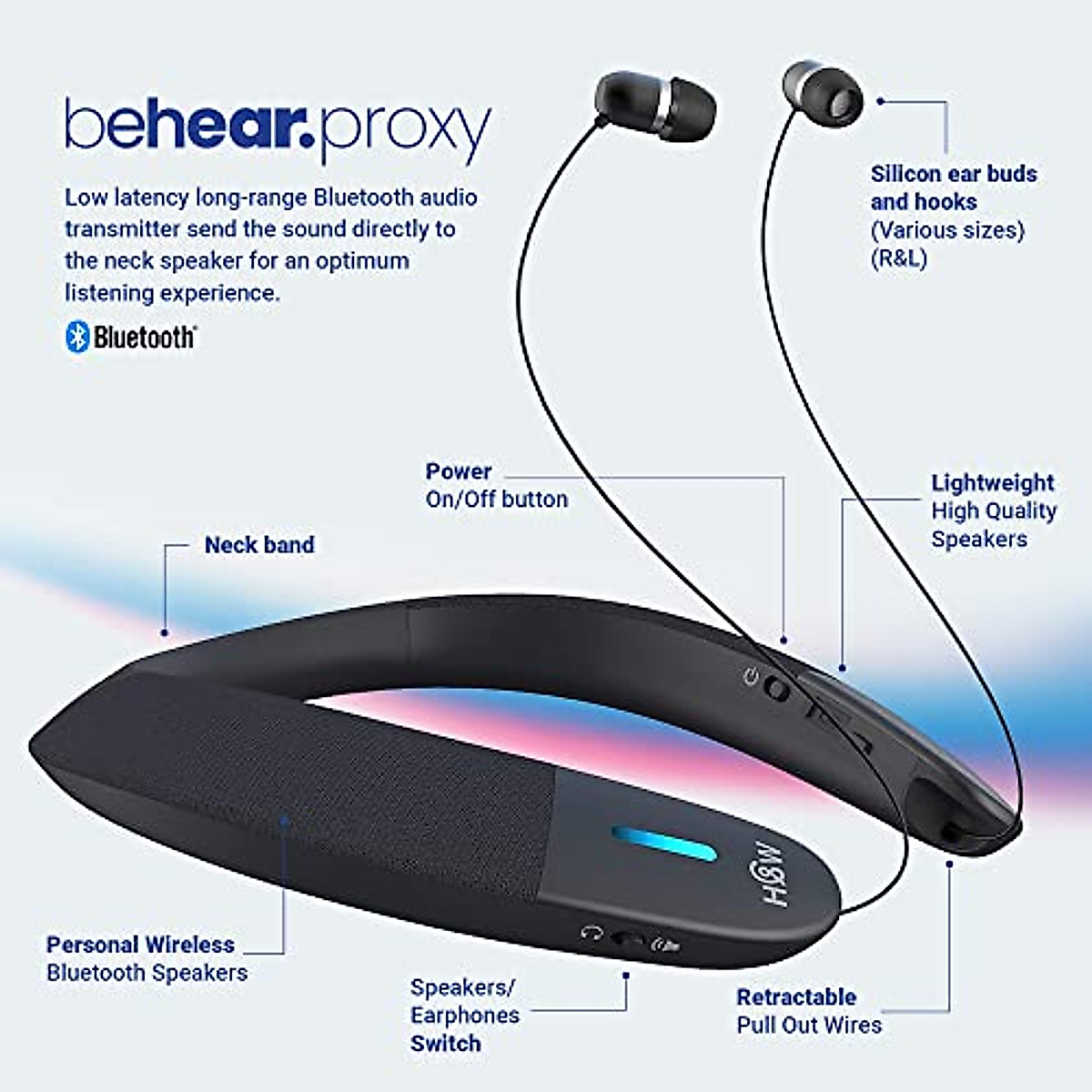 BeHear Proxy & HearLink Personal Sound System | TV Bluetooth Audio Transmitter | Wearable, Lightweight, Hands Free & Wireless Neck Speaker | Retractable Ear Buds Plugs