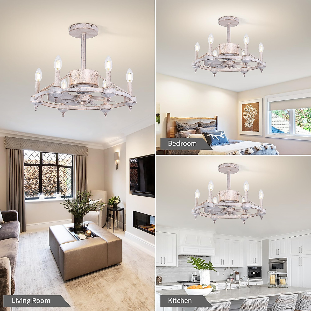 KINGTORO Rustic White Chandelier Ceiling Fans with Lights, 20.5" Wagon Wheel Chandelier,Adjustable Height,3 speeds,Fandelier with Lights and Remote for Kitchen Dining Room Living Room