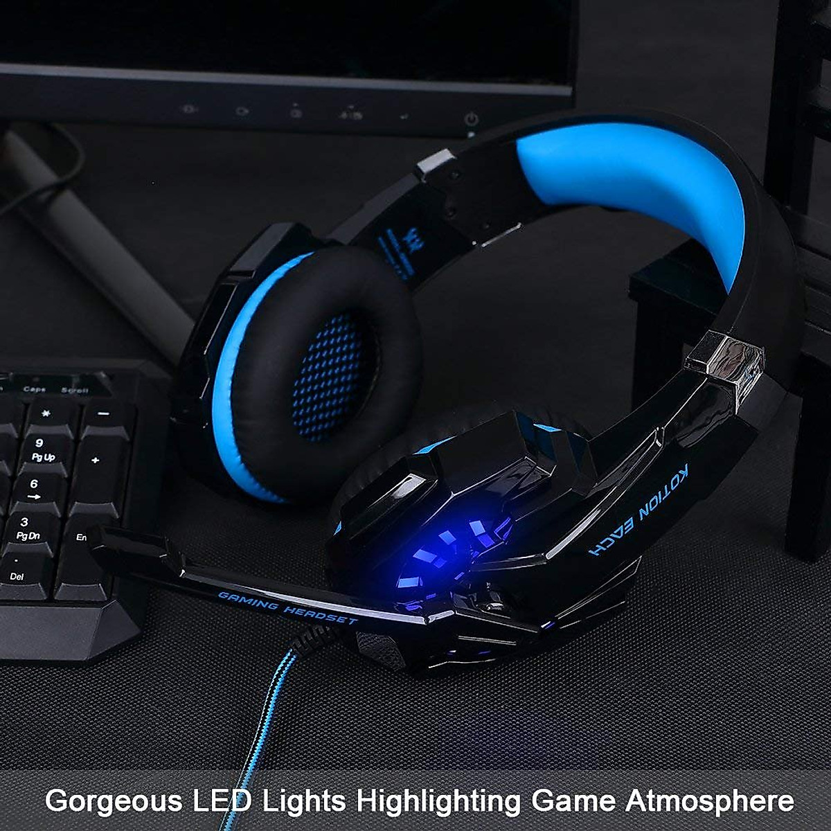BlueFire Stereo Gaming Headset for PS4, PS5, PC, Xbox One, Noise Cancelling Over Ear Headphones with Mic, LED Light, Bass Surround, Soft Memory Earmuffs for Laptop Nintendo Switch Games (Blue)