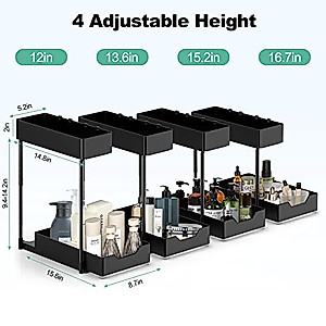 Under Sink Organizer, Height Adjustable Under Sink Organizers and Storage, 2-Tier Pull Out Cabinet Organizers and Storage with 4 Hooks & Cup for Kitchen, Bathroom, Countertop(1 Pack)