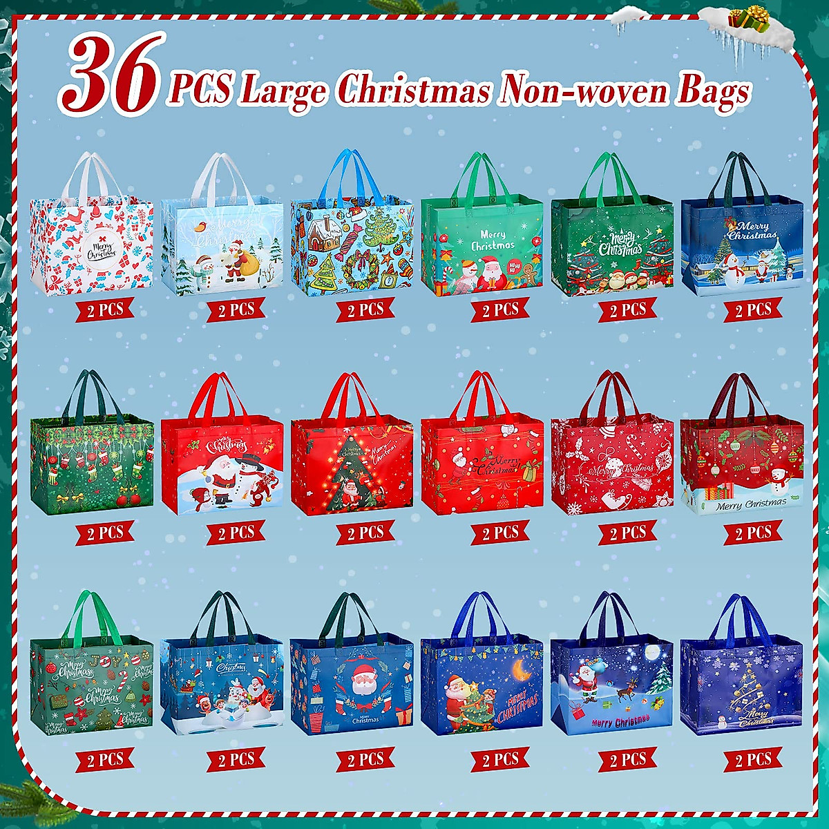 36 Pcs Christmas Tote Bags Reusable Gift Bag Large Christmas Bags with Handles Grocery Shopping Totes Gift Wrap Bags for Holiday Xmas Christmas Party Favors, 12.6'' x 9.84'' x 6.69'', 18 Styles
