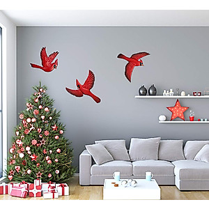 FANWNKI Red Metal Birds Cardinal Set of 3 Wall Art Decor Sculptures Hanging for Christmas Outdoor Indoor Home Garden Porch Fence