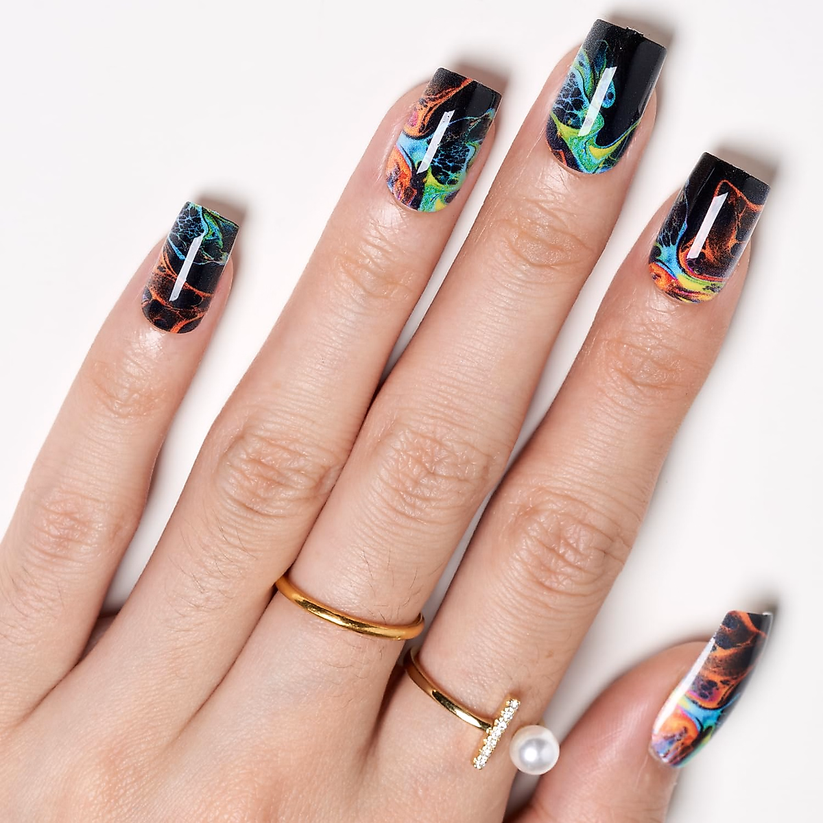 GLAMERMAID Black Press on Nails Medium Square, Tie Dye Gothic Fake Nails Tips Short Square, Ombre Color Oil Paint Glue on Nail Summer Glossy Gel Set, Reusable Acrylic False Nail Manicure Kit for Women