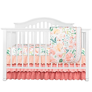 Secret Garden Coral Floral Ruffle Baby Minky Blanket Water Color, Peach Floral Nursery Crib Ruffle Skirt Set Baby Girl Crib Bedding (Secret Garden 3 Pieces Set)