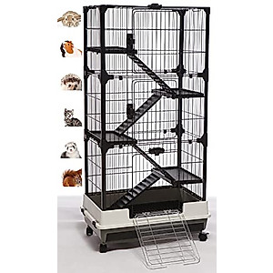 Large 5-Tiers Deluxe Indoor Outdoor Guinea Pig Chinchilla Ferret Squirrel Hedgehog Kitten Rabbit Bunny Hutch House Critter Habitat Casters (27 x 18 x 53H inches, Black)