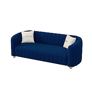 yunqishi KEAI 83.46" Velvet Couch for Living Room Large Modern Sofa with Gold Metal Sphere Legs Office Upholstered Comfy 3 Seater Couches Cute Sherpa Bedroom Furniture (Blue)