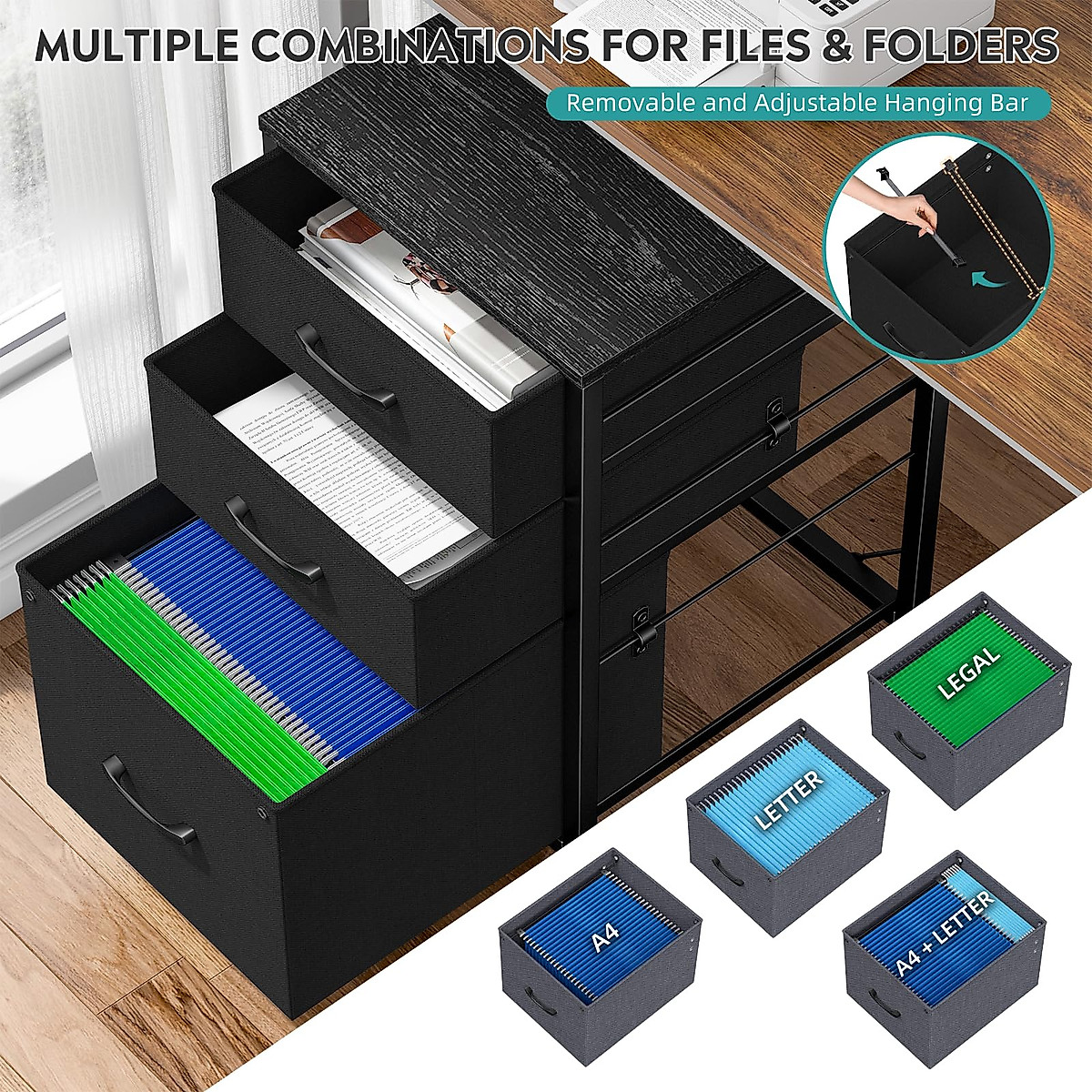 Raybee File Cabinets for Home Office 3 Drawer Rolling File Cabinet Small Filing Cabinets for Small Spaces Fabric Vertical Filing Cabinet fits A4, Legal, Letter Size, 16.9" D*15.6" W*26.6" H Grey