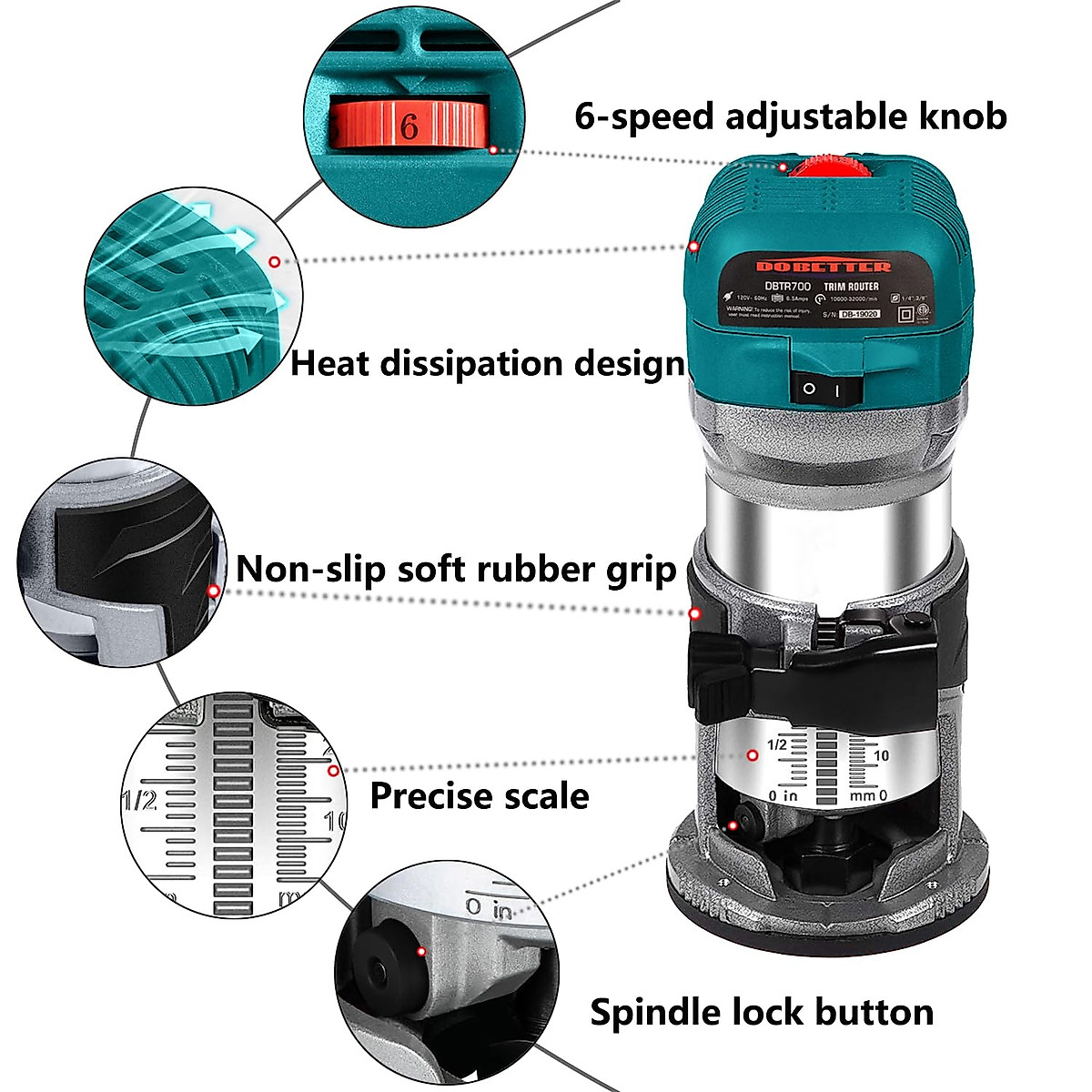 Dobetter 6.5-Amp Wood Router Tool, 1.25 HP Compact Trim Router with 6 Variable Speed, 12 Wood Router Bits, 1/4" & 3/8" Collets and Dust Hood -DBTR700