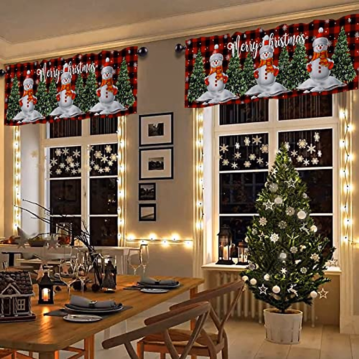 Xmas Tree Curtains Valance for Bedroom Living Room, Christmas Snowman Window Curtains & Drapes Rod Pocket Snowflake Winter Snowy Valances for Kitchen Window Curtains Over Sink 54 x 18in,1 Panel