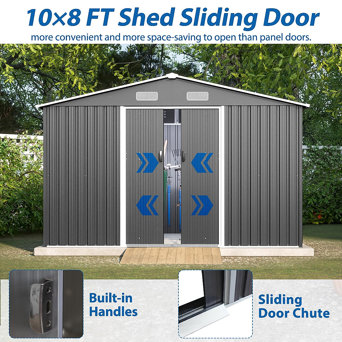 Lifeand 10’x 8’ Outdoor Storage Shed, All Weather Metal Sheds with Metal Foundation & Lockable Doors, Tool Shed for Garden, Backyard, Front Yard, Lawn, Patio, Grey