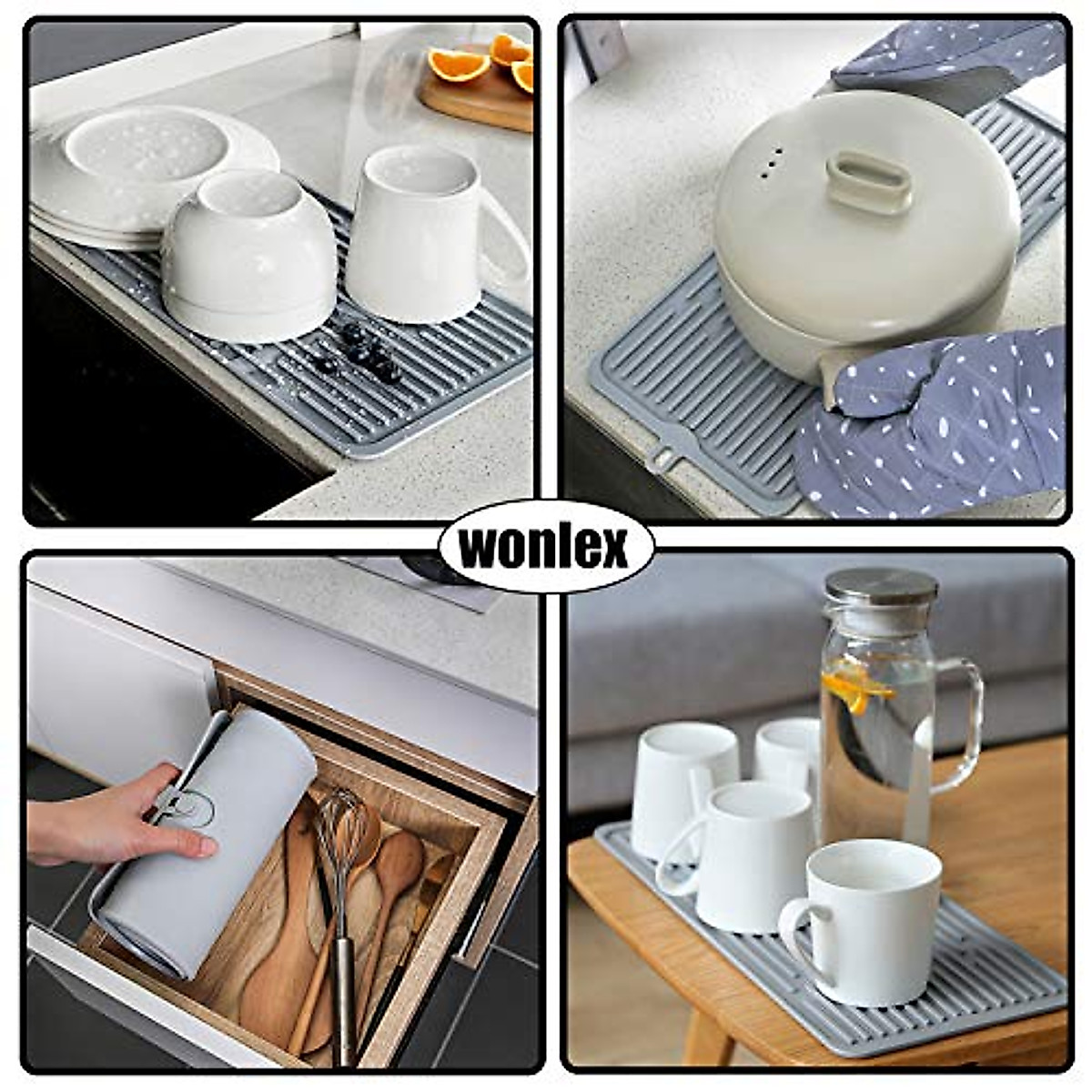 Silicone Dish Drying Mat 18”x8”, Heat Resistant Trivets for Kitchen Counter, Draining Mat, Sink Mat, Hot Pads for Multiple Usage (Light Grey)