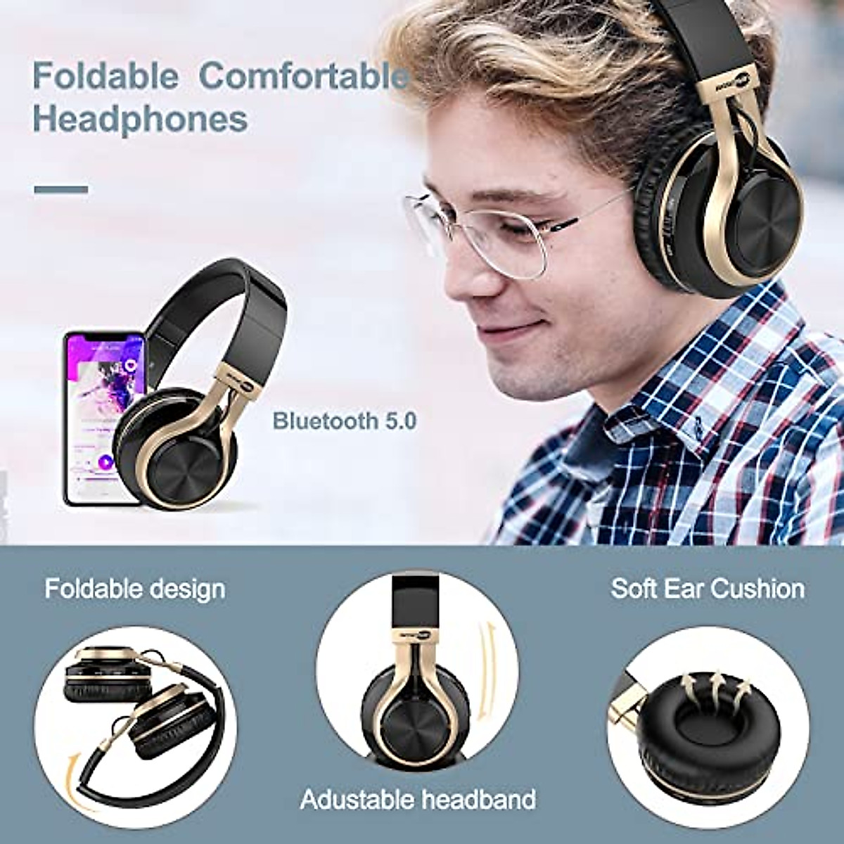 BASEMAN Wireless Bluetooth Headphones Over Ear, Long Battery Life Stereo Deep Bass Headset with Mic Wireless and Wired Headphones for iPhone Computer TF Card Slot Teens Boys Men Adults - Black Gold