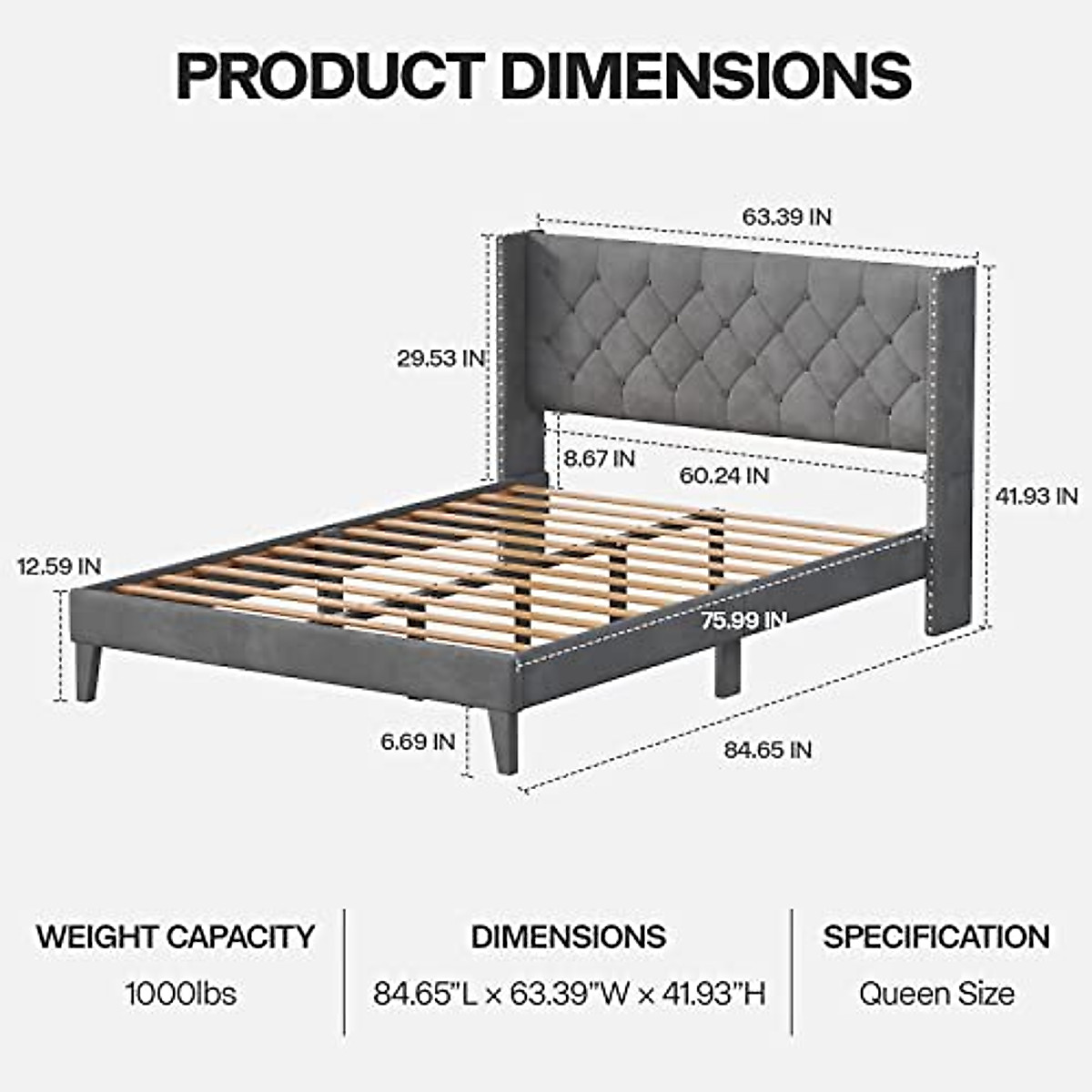 DOGIBIXO Queen Size Bed Frame with LED Lights, Upholstered Bed Frame with Wingback Diamond Tufted Headboard, Wood Slats Support, Noise-Free, Easy Assembly, No Box Spring Needed, Grey