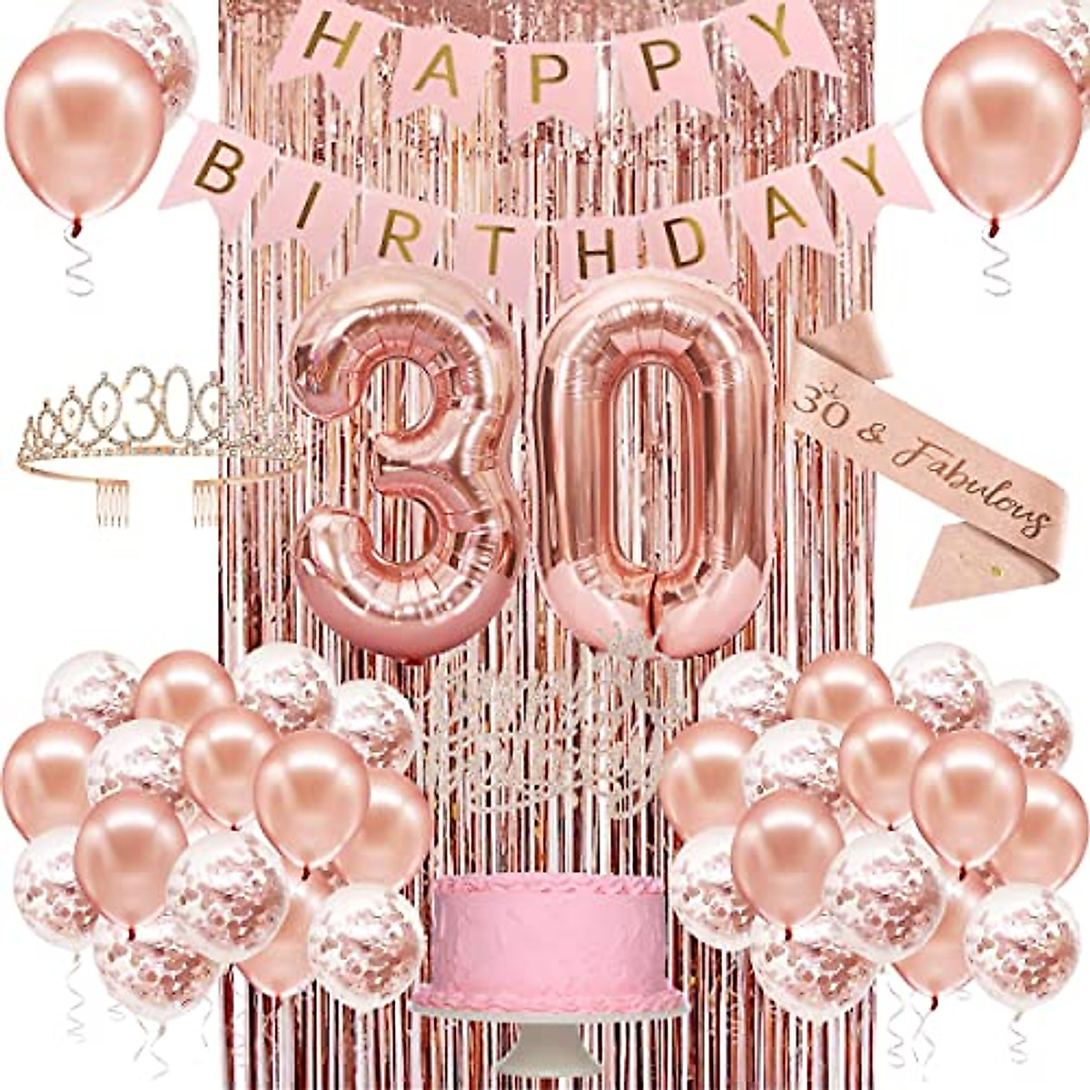 30th Birthday Decorations for Women, Rose Gold 30 Birthday Decorations for Her, Happy 30th Birthday Banner, Crown, Sash, Cake Topper and Number Balloon, 30th Birthday Party Supplies for Women