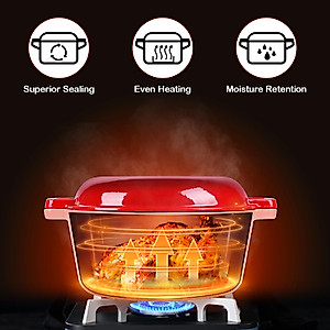 HaSteeL 2 in 1 Enameled Cast Iron Dutch Oven, 5 QT Pot & 2 Quart Skillet Lid Pan, Non-Stick Cookware Multi Cooker for Bread Baking Cooking Stewing, Suit for All Cooktops, Dual Handles & Oven Safe, Red