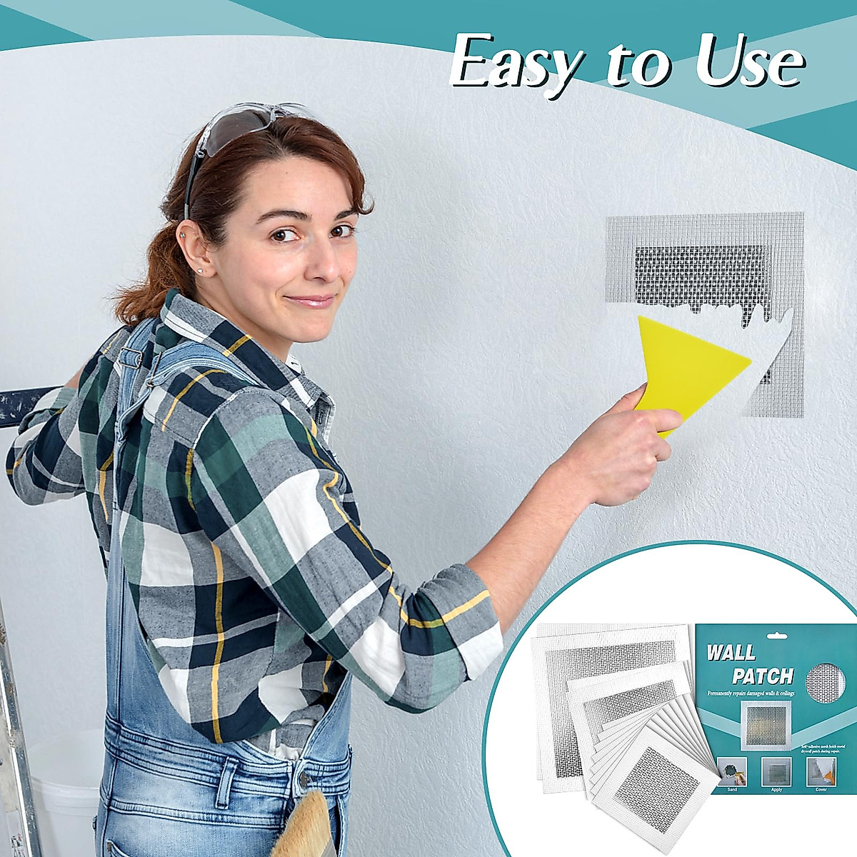 TUZAZO 12 Pack Drywall Repair Kit, 4/6/8 Inch Aluminum Fiber Mesh Dry Wall Repair Patches with Scraper and Sandpaper, Self-Adhesive for Ceiling Plaster Wall Hole Easy Solution