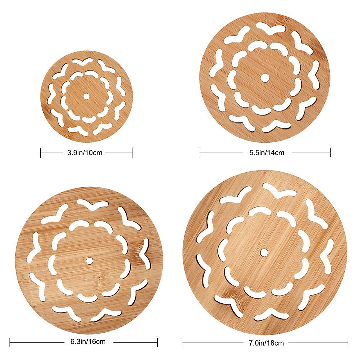 ALFEEL 4 Piece Bamboo Trivet - Home Kitchen Multifunction Bamboo Heat Resistant Pads Trivet, Round Multi-Size Placemat Coaster for Hot Dishes/Pot/Bowl/Cup/Mup/Teapot/Hot Pot Holders (4 Piece)