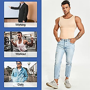 Mens Compression Shirt Slimming Body Shaper Vest Workout Tank Tops Abs Abdomen Undershirts (Beige, M)
