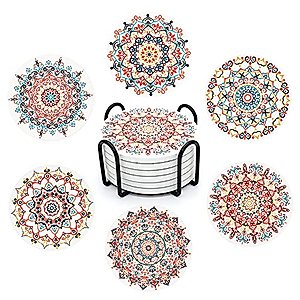 Coasters for Drinks with Holder Beautiful Flower Ceramic Coasters 4 Inch Round Absorbent Drink Coasters with Cork Base Set of 6 for Kinds of Cups, Wooden Table, Table Protection, Housewarming Gifts