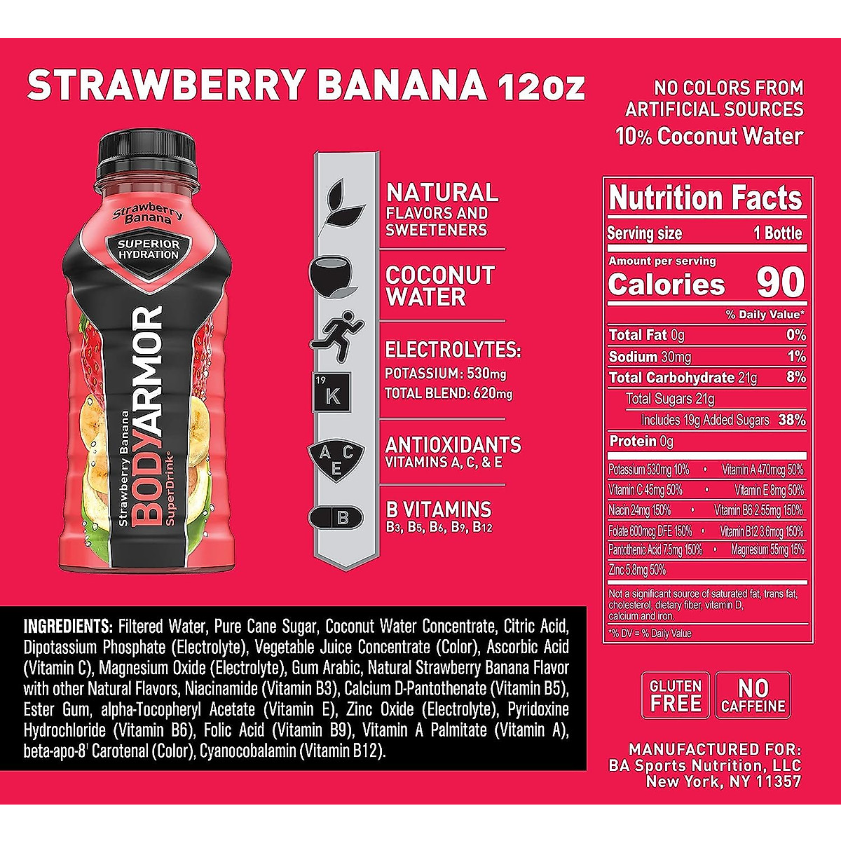 BODYARMOR Sports Drink Variety Pack, Coconut Water Hydration, Natural Flavors w Vitamins, Potassium Packed Electrolytes For Athletes, Strawberry Banana, Blue Raspberry, Orange Mango, 12 Oz - 24 pack