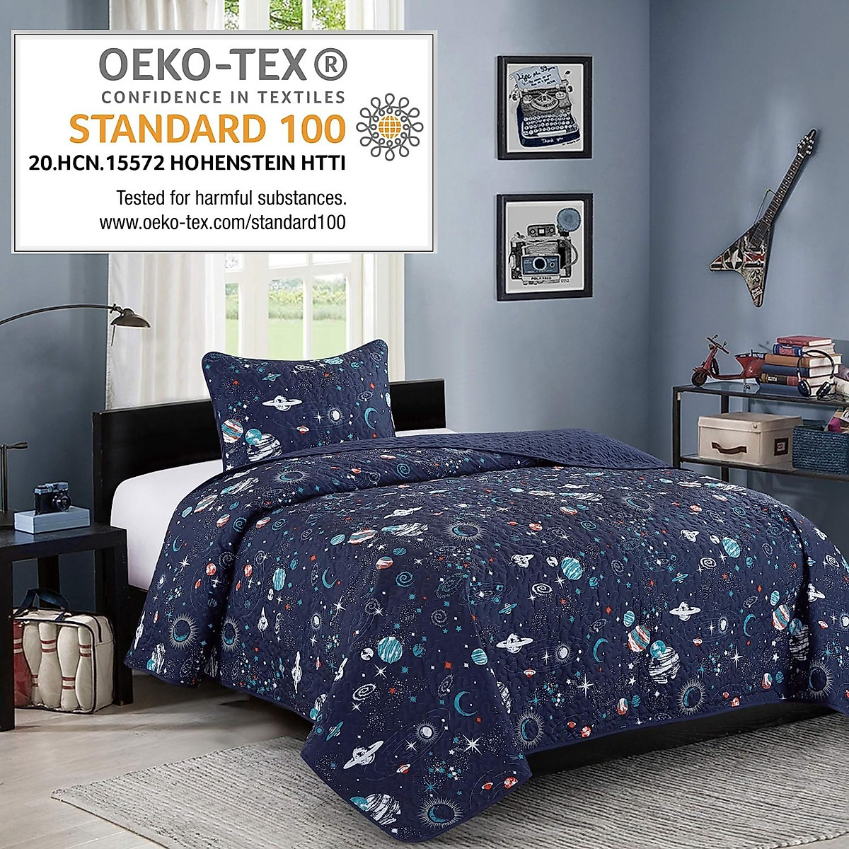 WPM WORLD PRODUCTS MART Blue Planet Universe Theme Kids Quilt Set Toddler Stars Space Galaxy Rocket Design Twin Size for Toddler Bed Bedspread with Pillow Shams (Pandora, Twin)