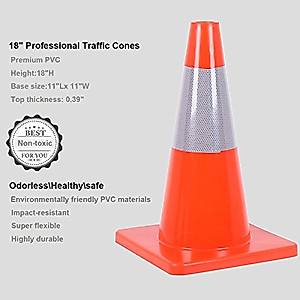 Reliancer 6PCS 18" Traffic Cones PVC Safety Road Parking Cones Weighted Hazard Cones Construction Cones for Traffic Fluorescent Orange w/4" Reflective Strips Collar